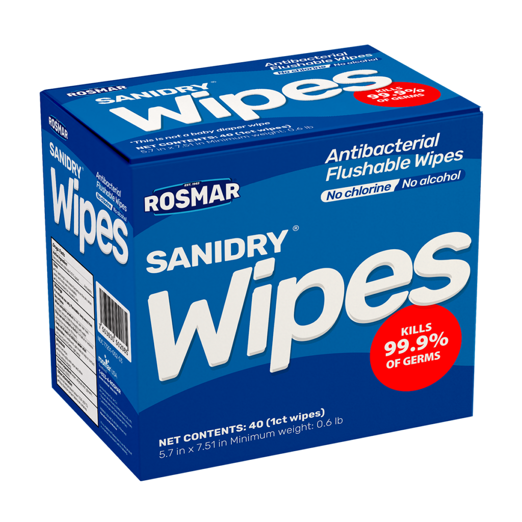 Rosmar® Sanidry Flushable Wipes – Box with 40 individual wipe packets ...